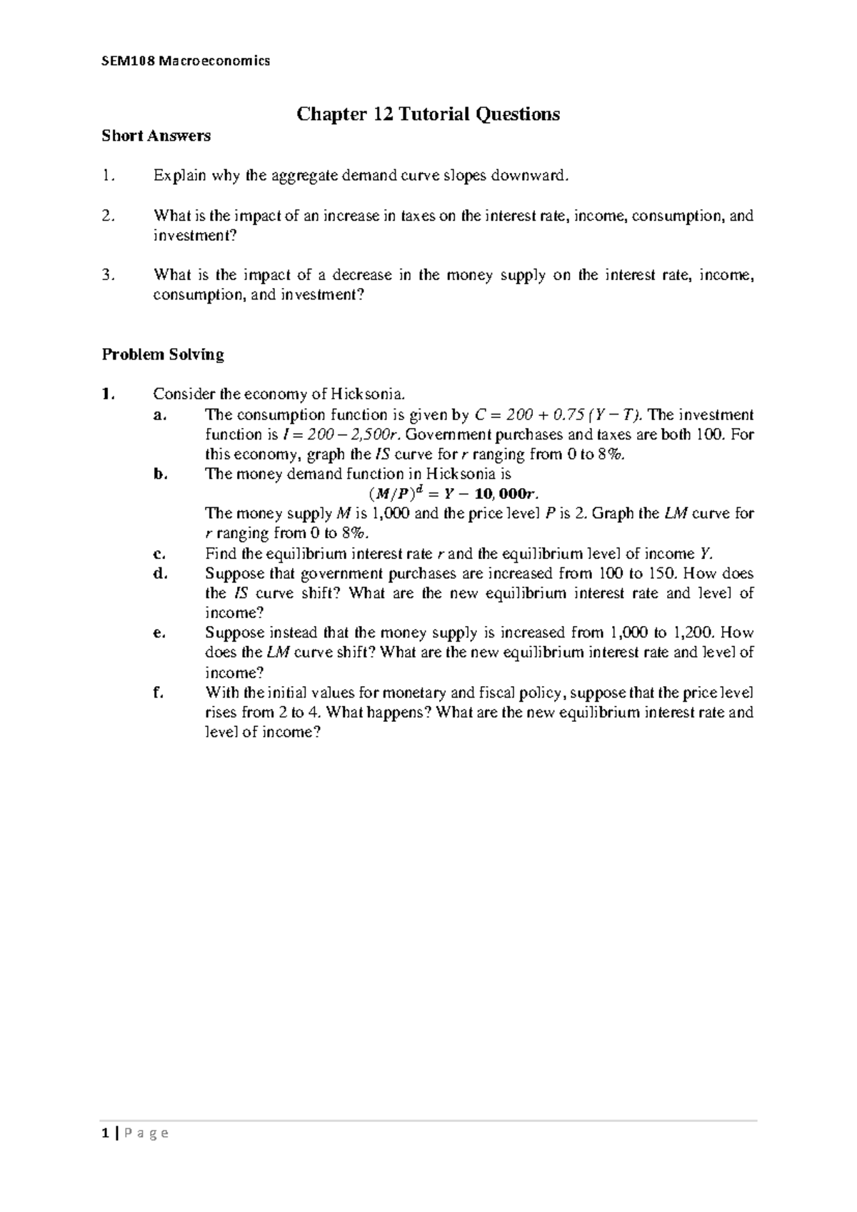 Chapter 12 Tutorial (Ques) - SEM108 Macroeconomics 1 | P a g e Chapter ...