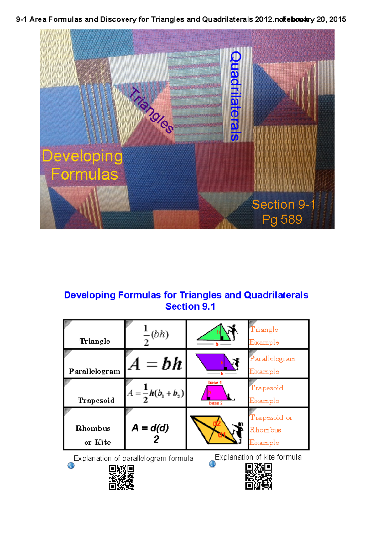 9.1 Area Formulas and Discovery for Triangles and Quadrilaterals ...