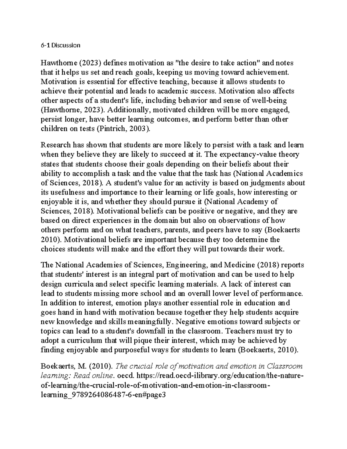 6-1 Disucssion - module 6-1 discussion - 6-1 Discussion Hawthorne (2023 ...