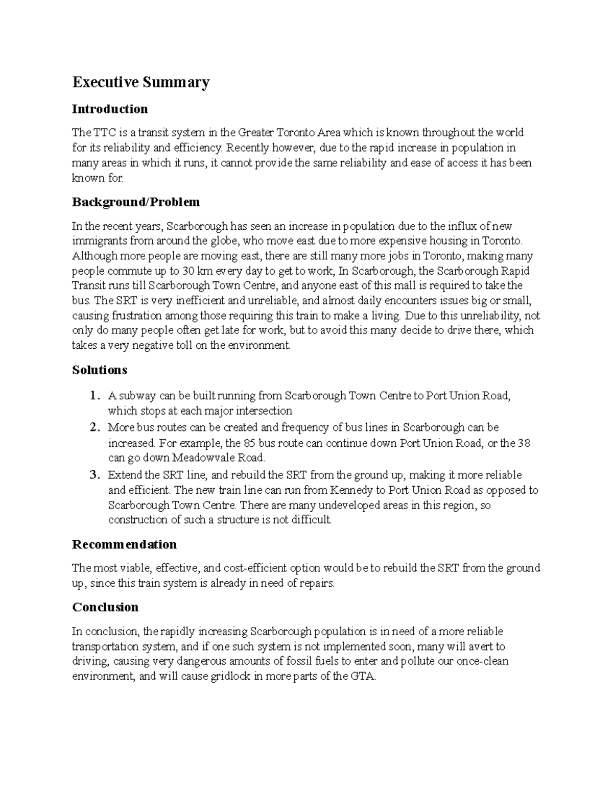Analytical Report - Executive Summary Introduction The TTC is a transit ...