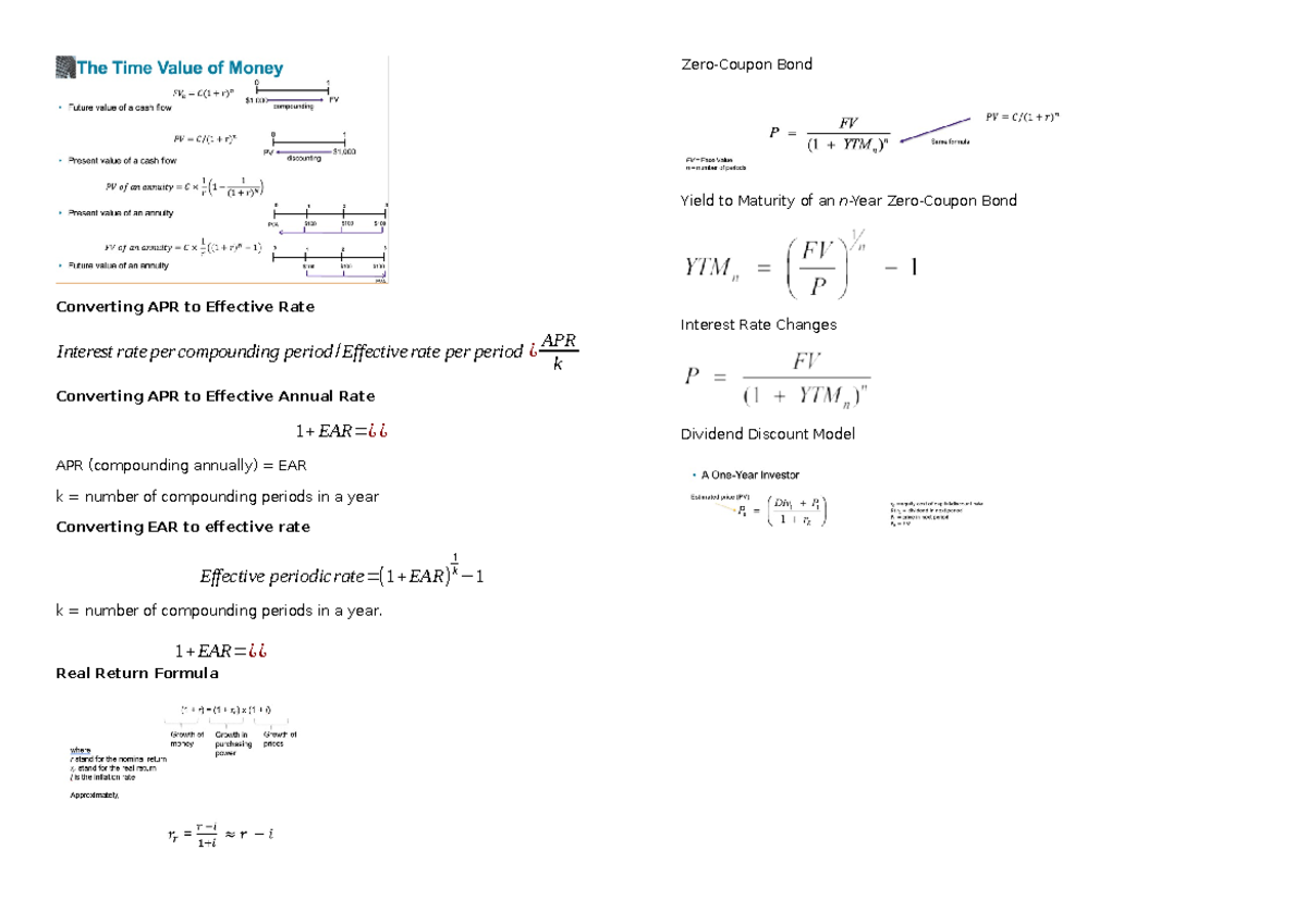 Formula Sheet - Converting APR to Effective Rate Interest rate per ...