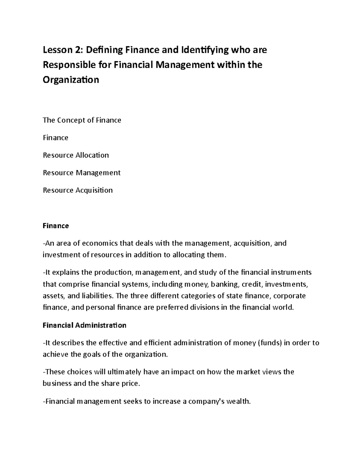 Lesson 2 and 3 - Finance - Lesson 2: Defining Finance and Identifying ...