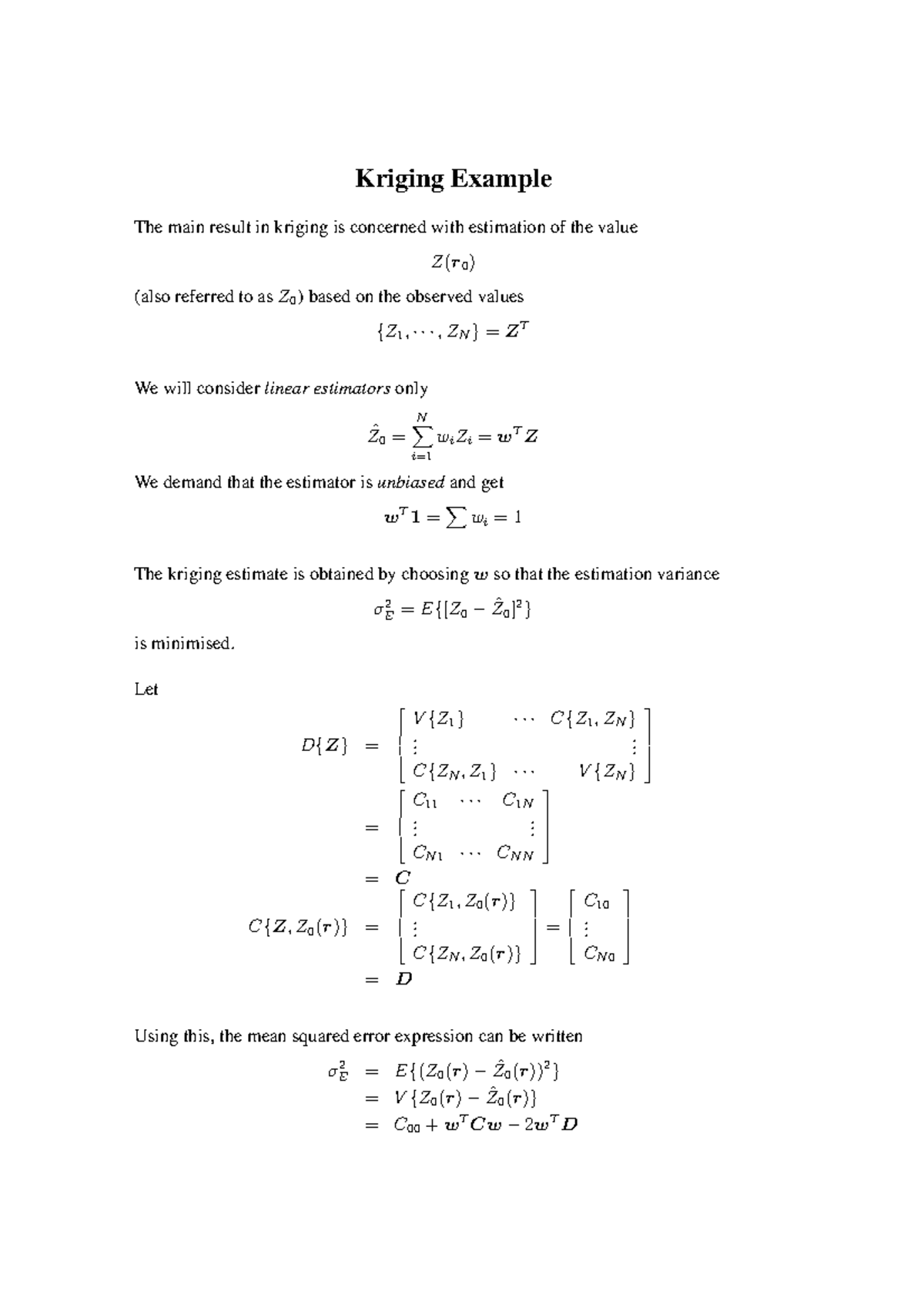 Tutorial - Kriging - Lecture notes 1 - Kriging Example The main result ...