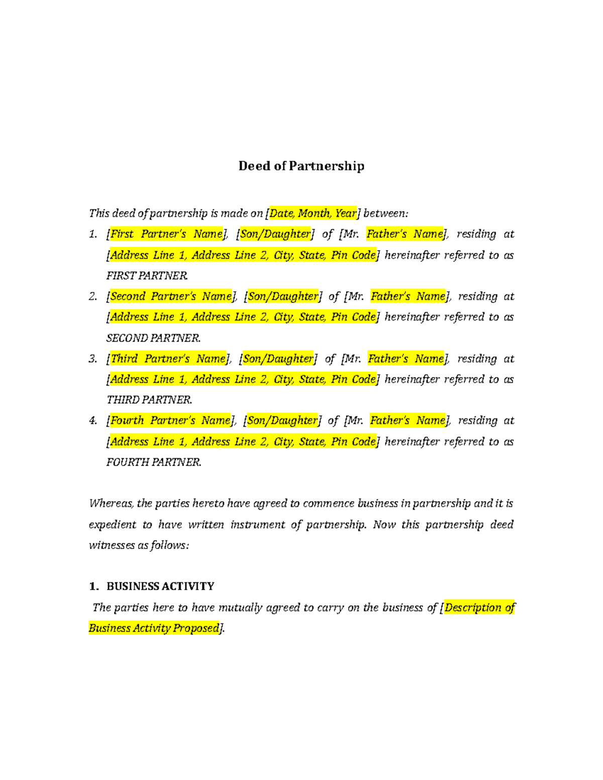 Partnership-deed-format - Deed of Partnership This deed of partnership ...