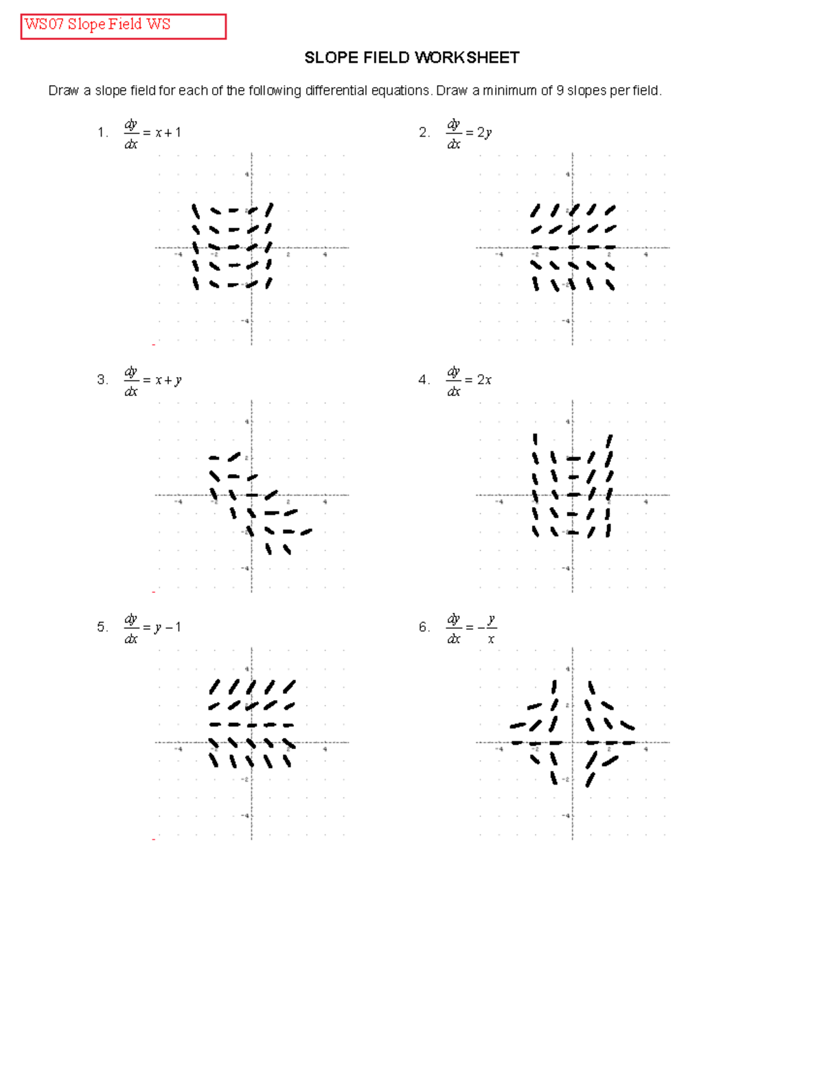 WS07 Slope Field WS-1 - SLOPE FIELD WORKSHEET Draw a slope field for ...