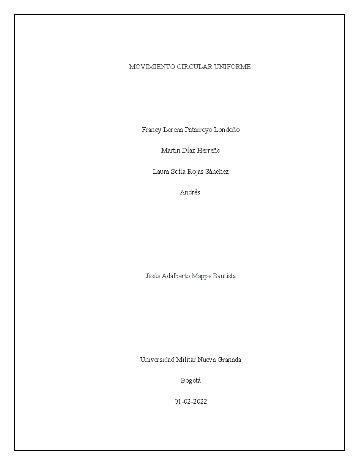 Informe 1 Movimiento Circular - MOVIMIENTO CIRCULAR UNIFORME Francy ...