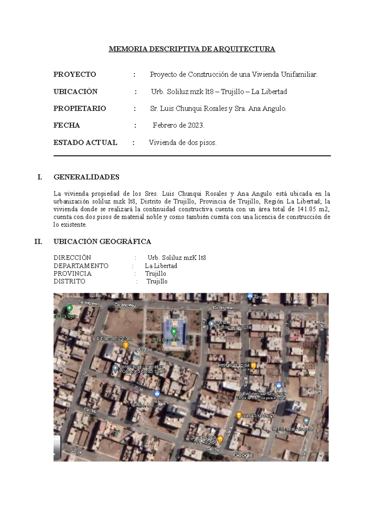 Memoria Descriptiva DE Vivienda Unifamiliar doc Arquitectura - MEMORIA DESCRIPTIVA DE ...