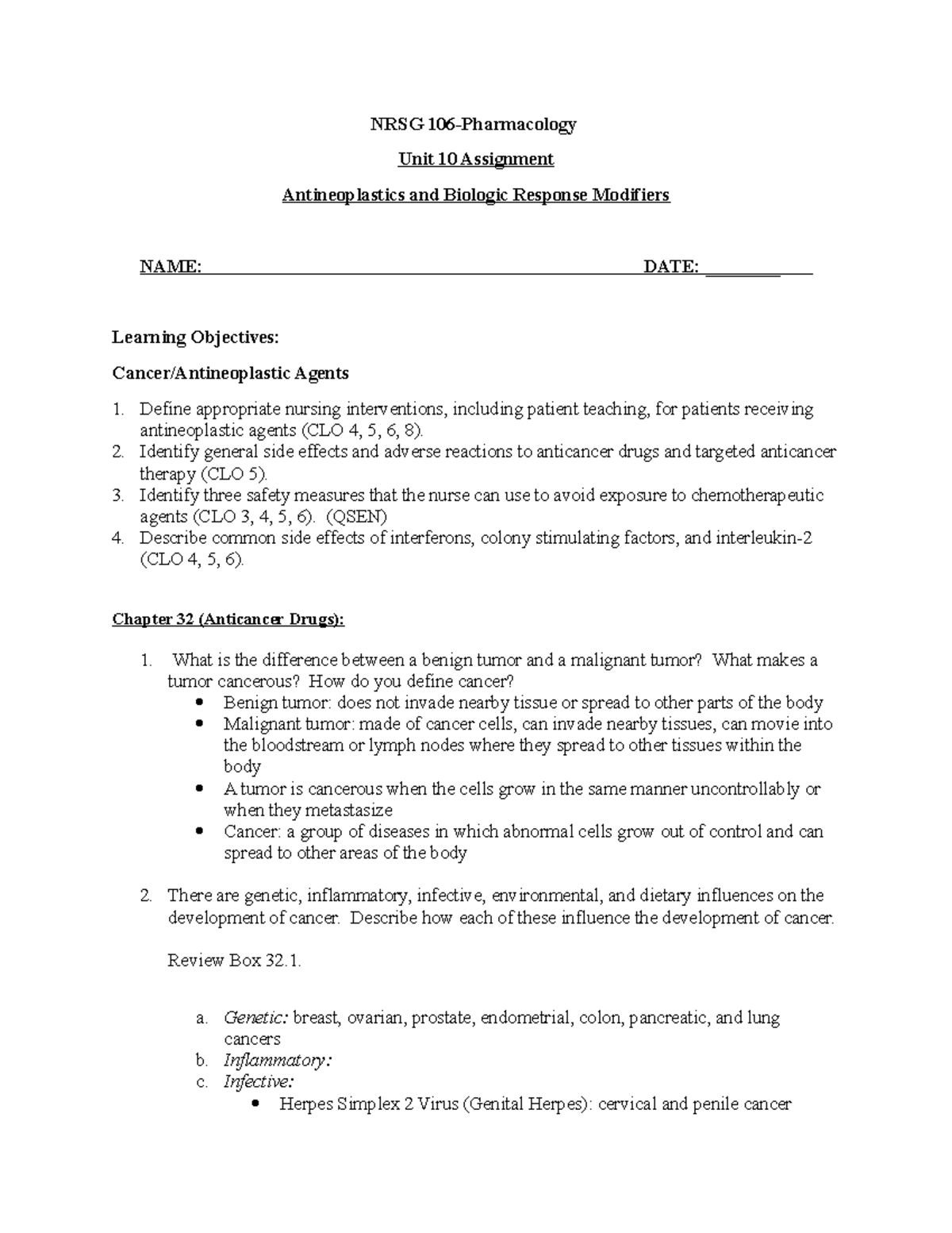 Unit 10 Assignment - NRSG 106-Pharmacology Unit 10 Assignment ...