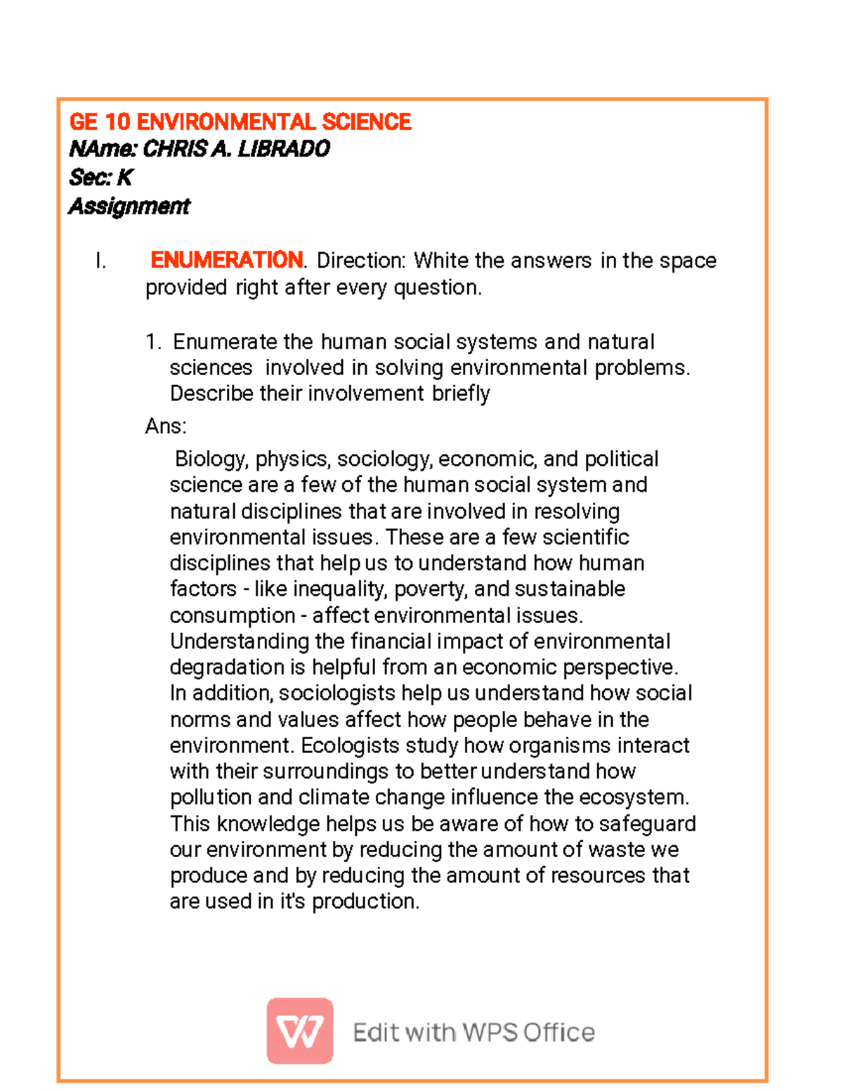 GE10-Assignment - You can read - GE 10 ENVIRONMENTAL SCIENCE NAme ...