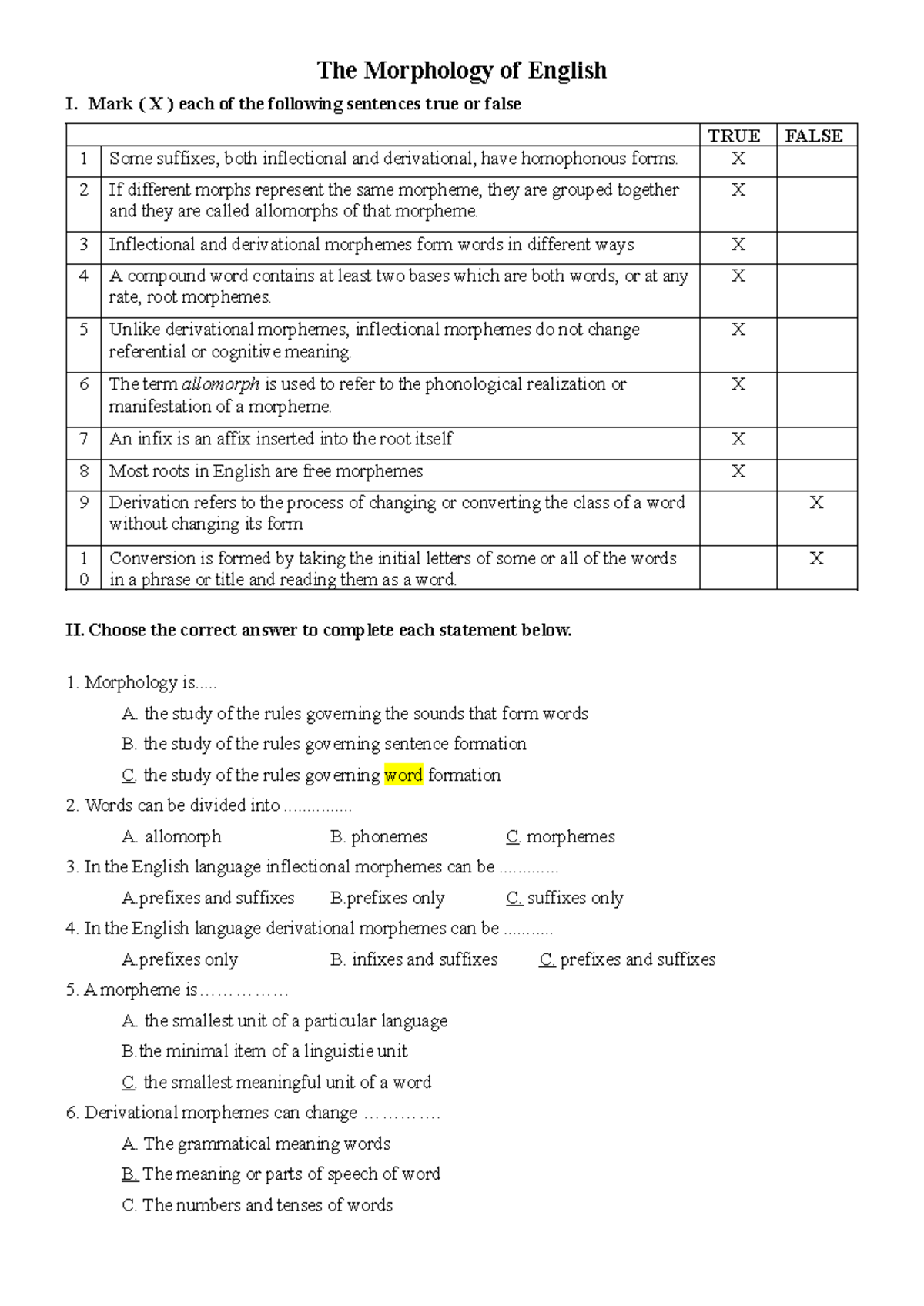 Morphology-Sample-1 - english - The Morphology of English I. Mark ( X ...