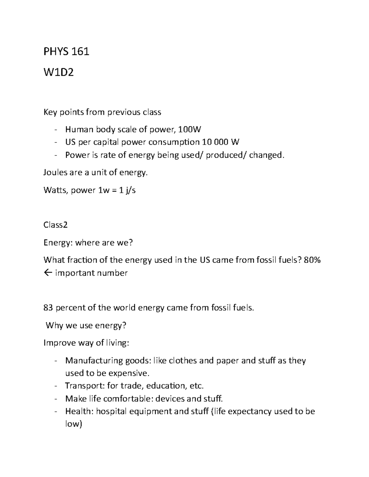 PHYS 161 - Lecture notes - PHYS 161 W1D Key points from previous class ...