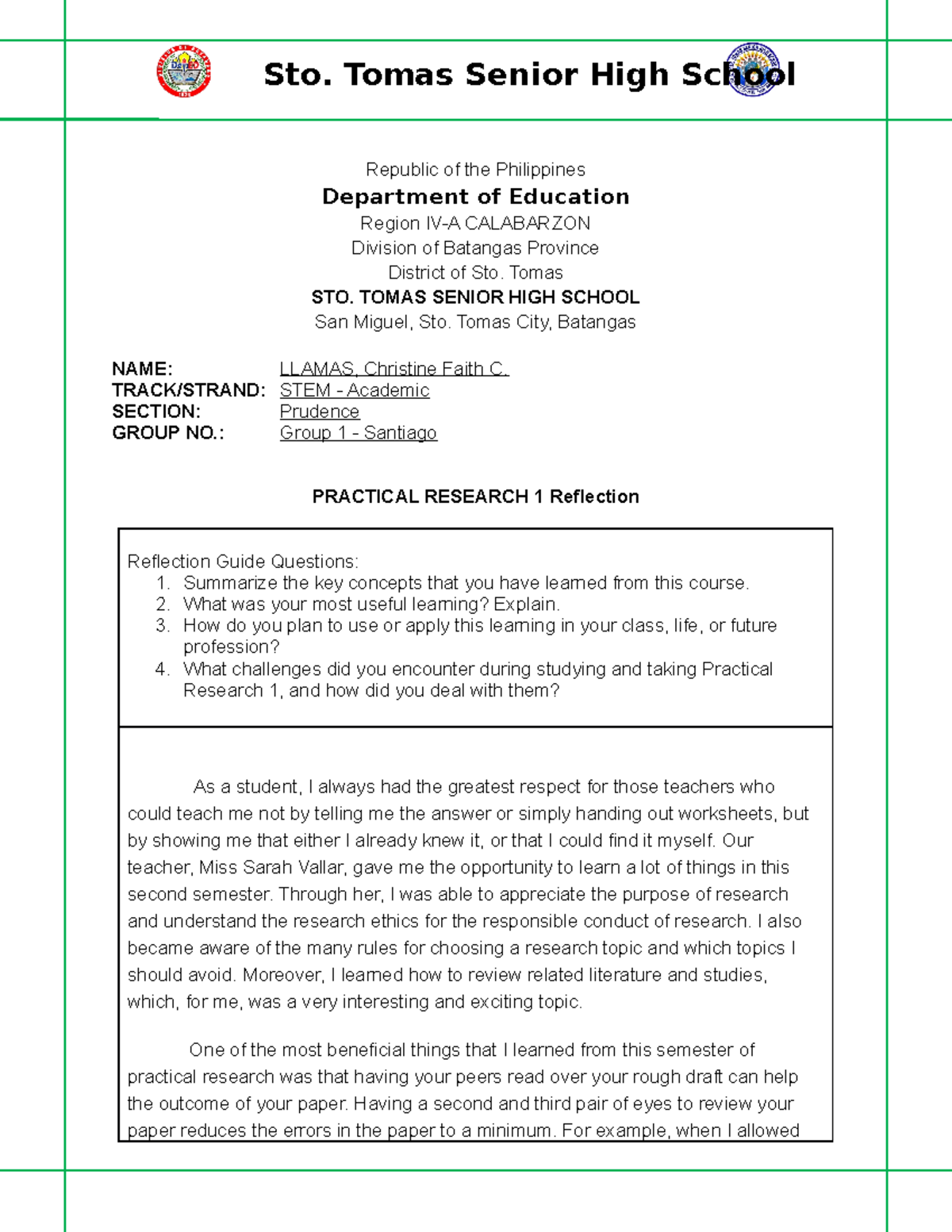 Llamas, Christine Faith Reflection in Practical Research 1 - Sto. Tomas ...