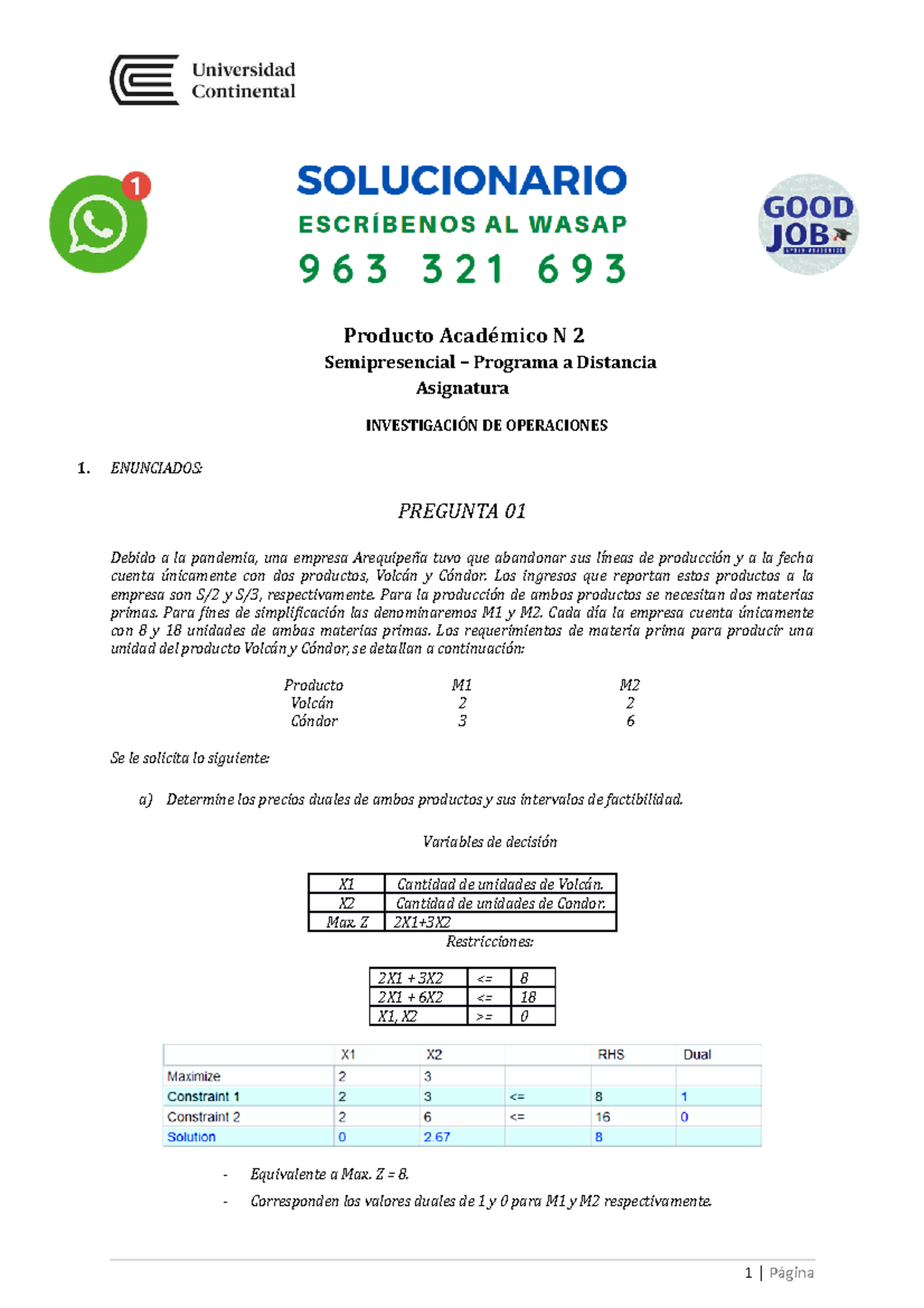 PA2 Investigacion DE Operaciones - Producto Académico N 2 Semipresencial – Programa a Distancia ...
