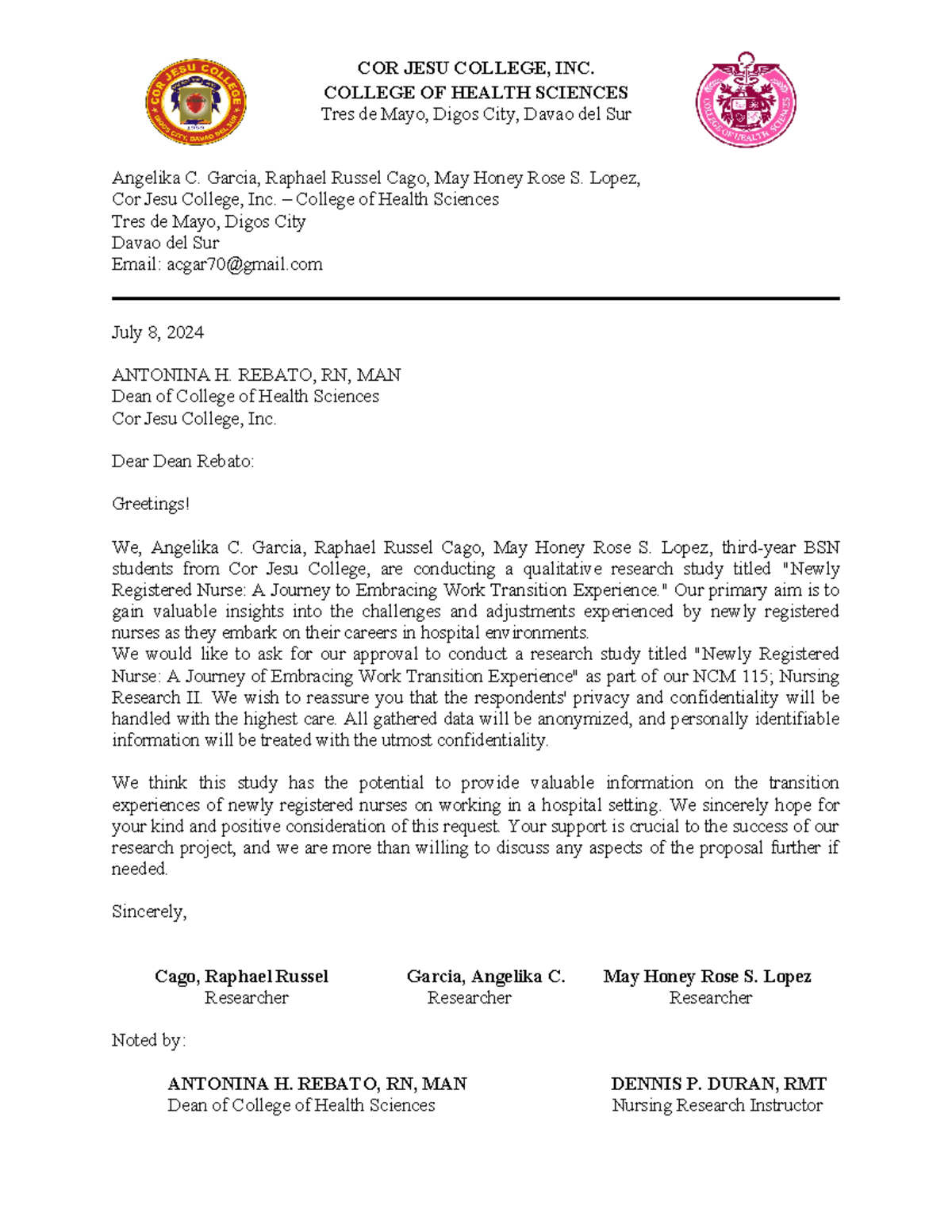 CHS-Letterhead - LETTERHEAD - COR JESU COLLEGE, INC. COLLEGE OF HEALTH ...