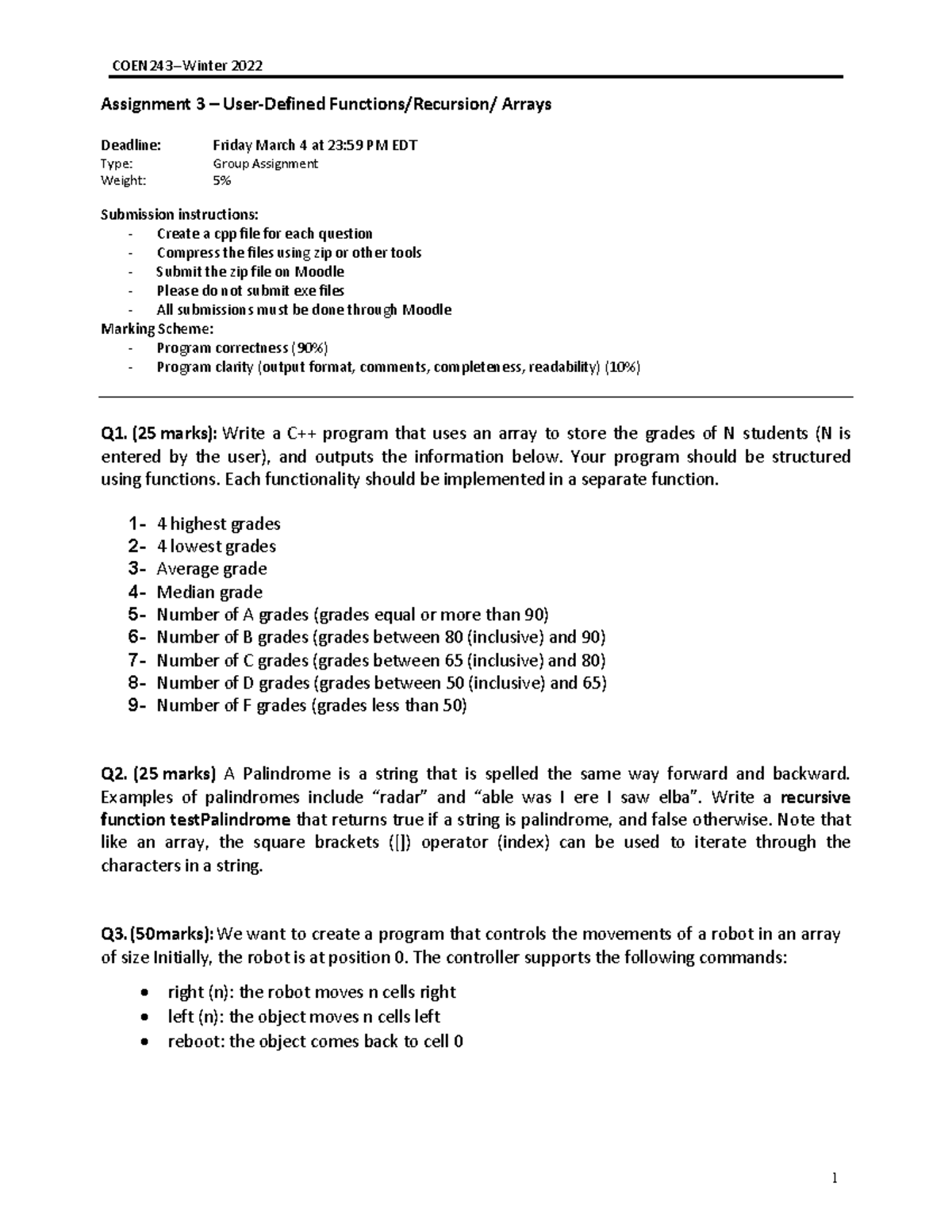 COEN243 A3 Winter - Assignment 3 - COEN 243 – Winter 2022 1 Assignment 3 – User‐Defined - Studocu