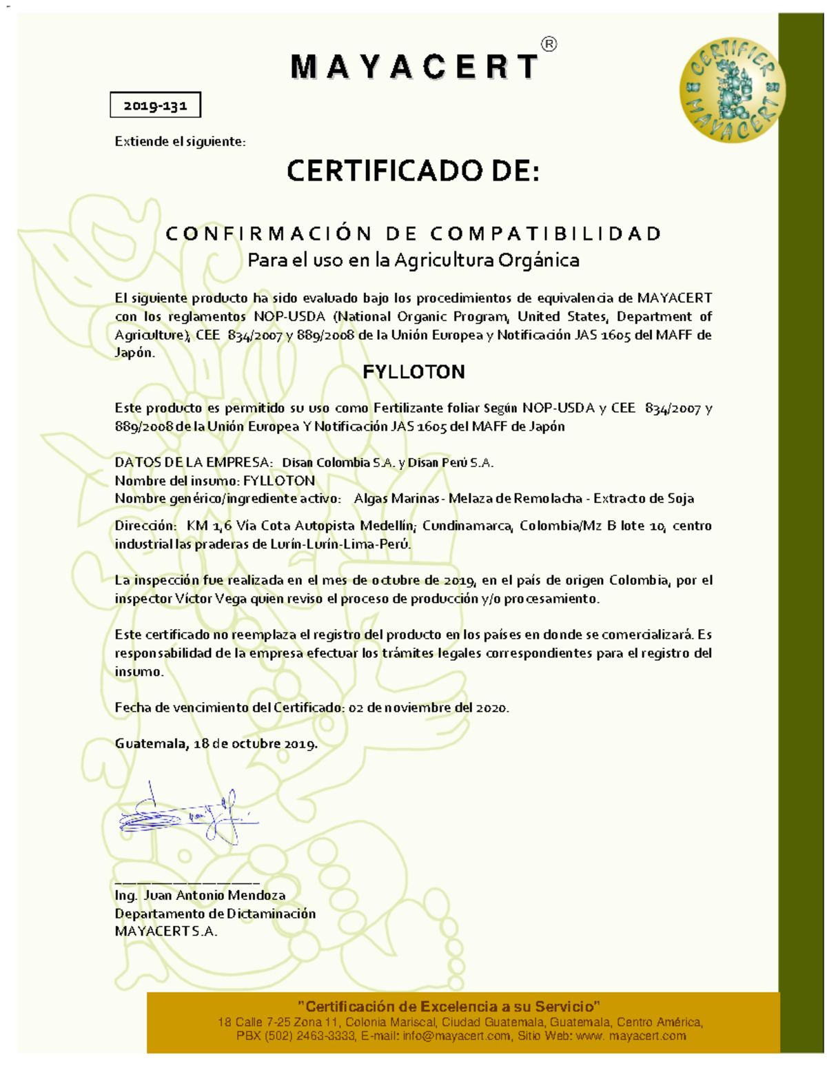 131. Cert Ins 2019-131 Fylloton- Disan - MM AA YY AA CC EE RR TT ...