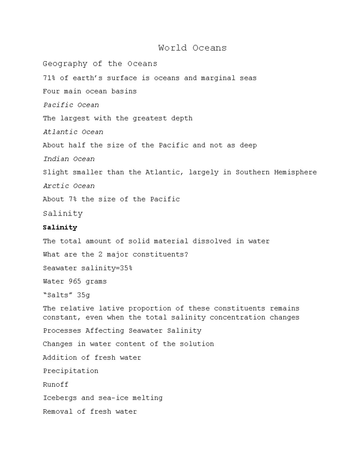 World Oceans Notes - World Oceans Geography of the Oceans 71% of earth ...