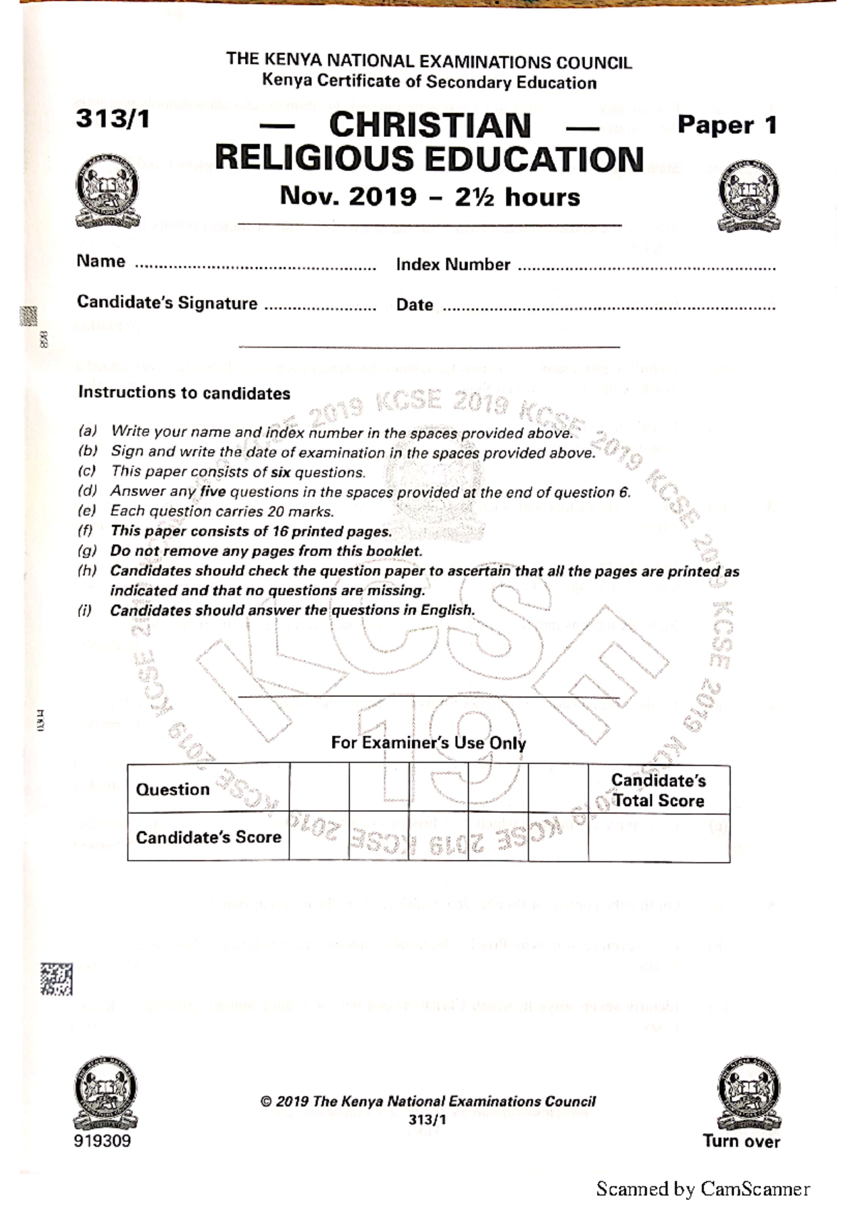 CRE P1 KCSE 2019 - Its a good one - Introduction to United Nations - Scanned by CamScanner ...