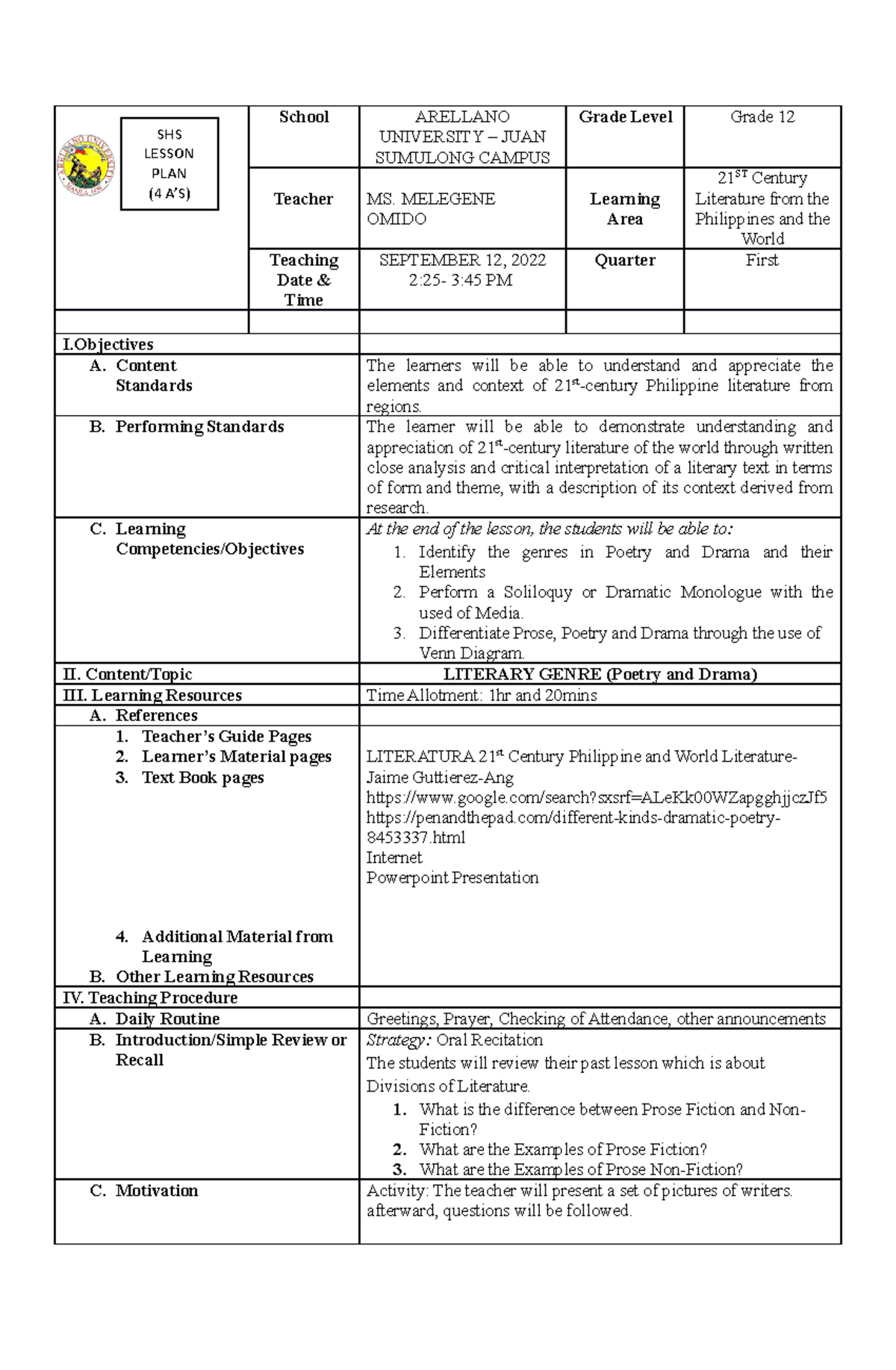 Poetry AND Drama Lesson PLAN. Omido - School ARELLANO UNIVERSITY – JUAN ...