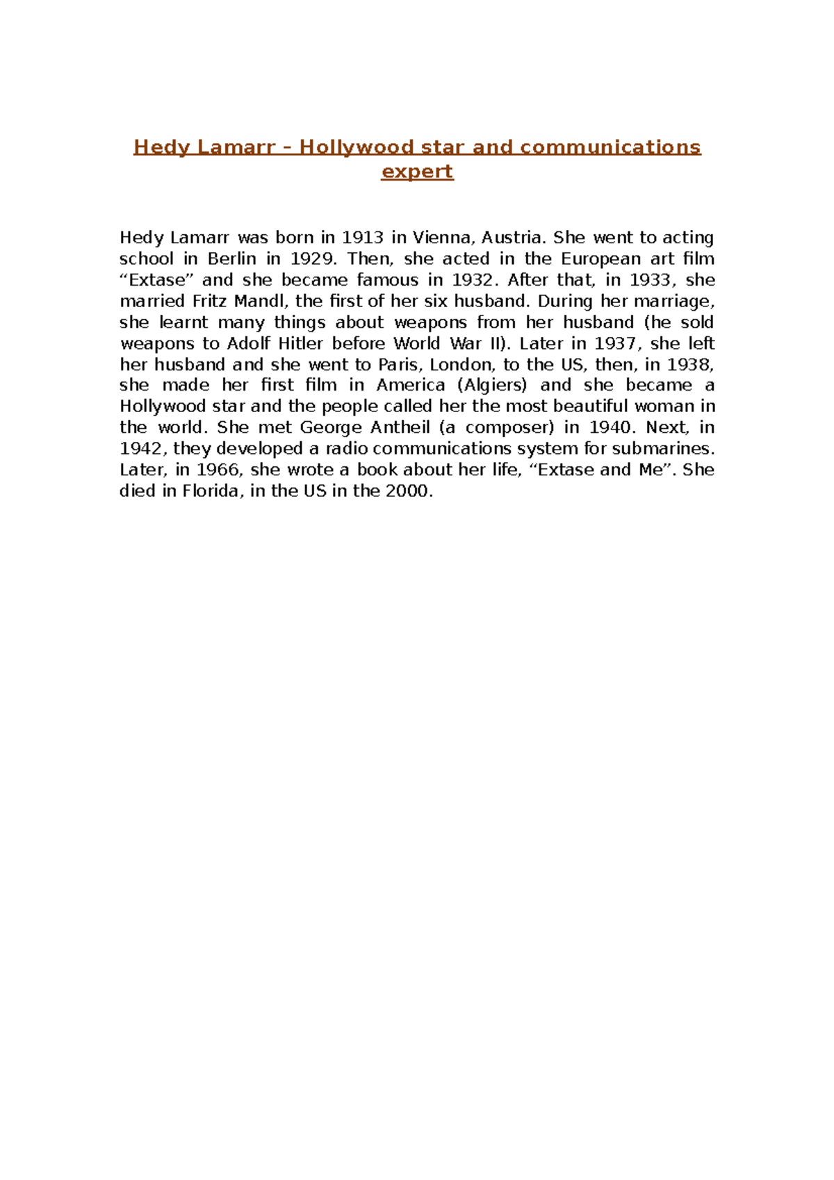 Biography of famous people -Hedy Lamarr - Hedy Lamarr – Hollywood star ...