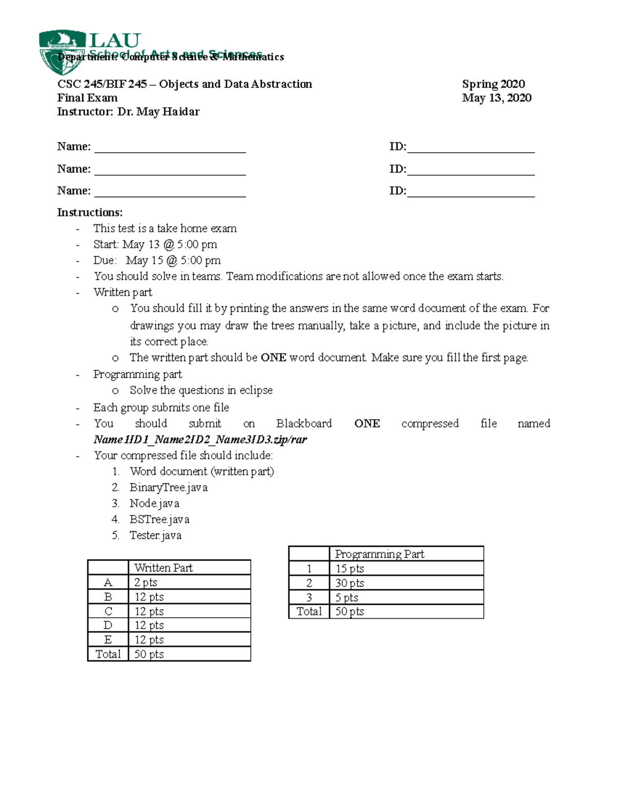 CP2 word exam - exam - Department: Computer Science & Mathematics CSC ...