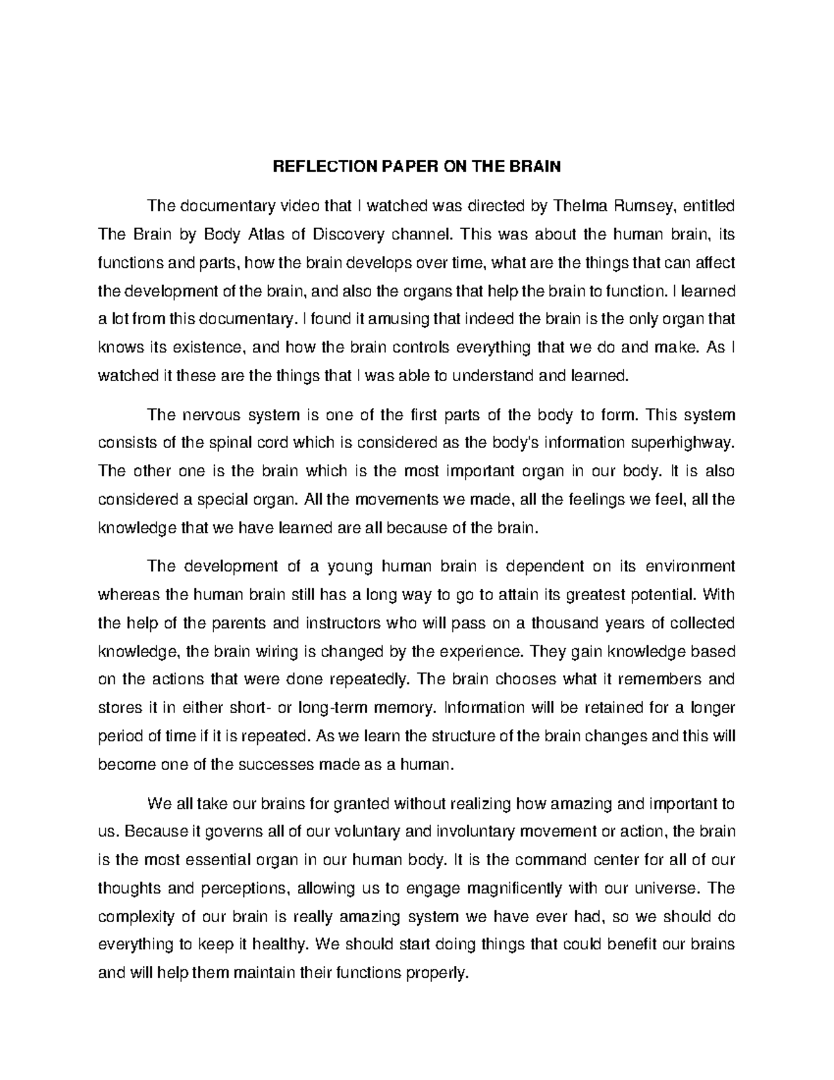 Reflection Paper On The Brain Domingo Ashlee Nicole I Introduction