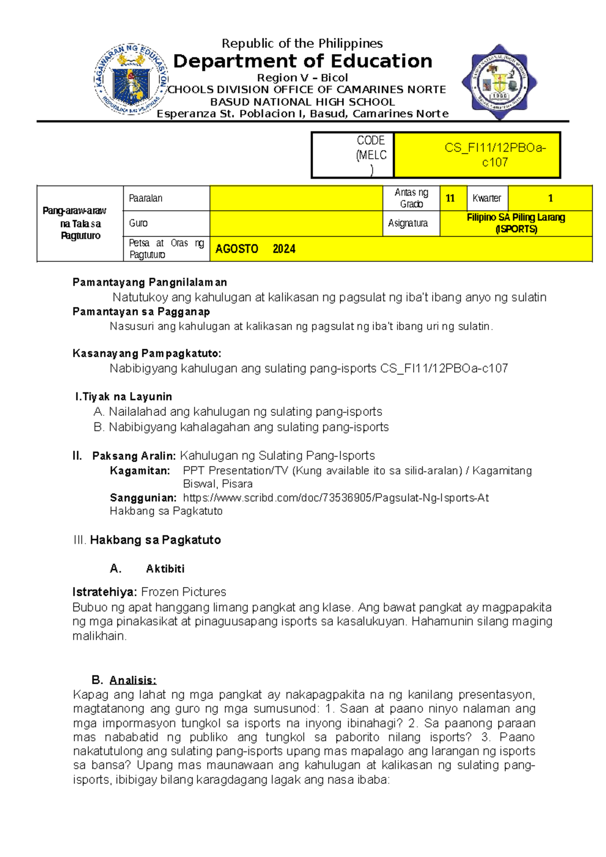 Q1 Lesson 3 - DLP - Republic of the Philippines Department of Education ...