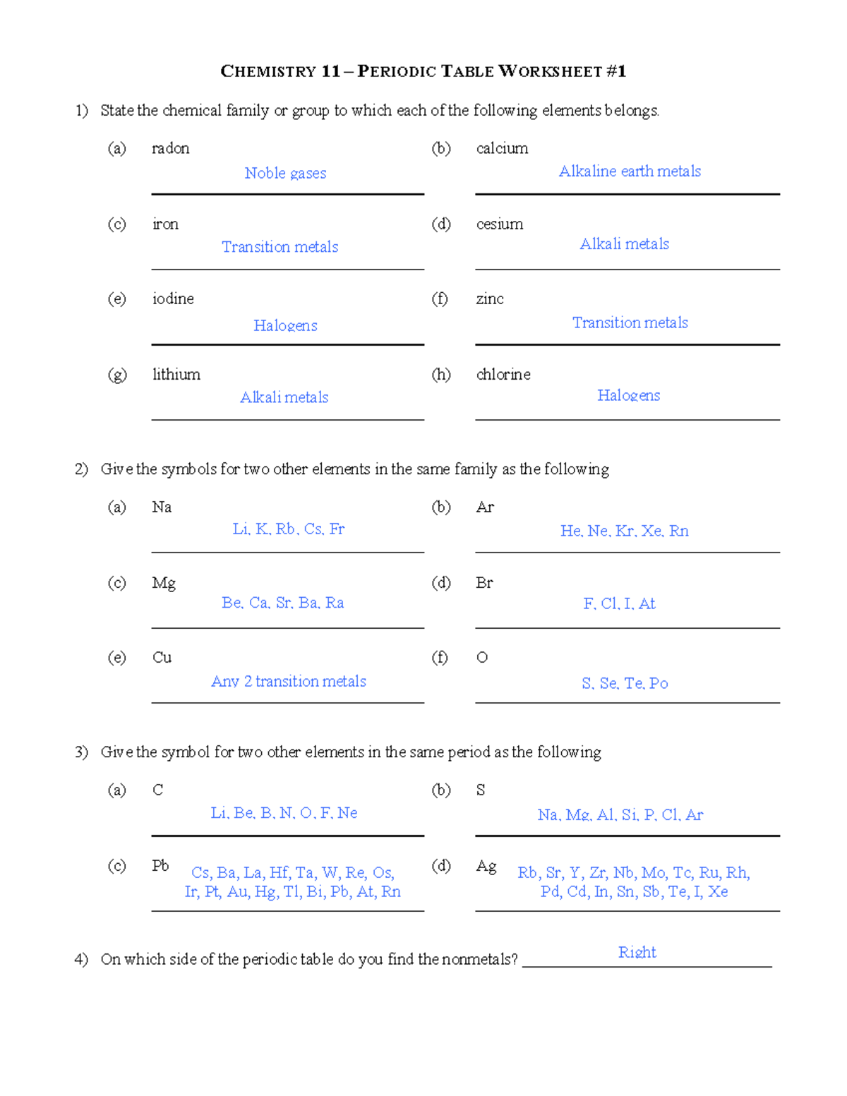 Periodic Table Worksheet 1 Solutions 1xjguth - C HEMISTRY 11 – P ...
