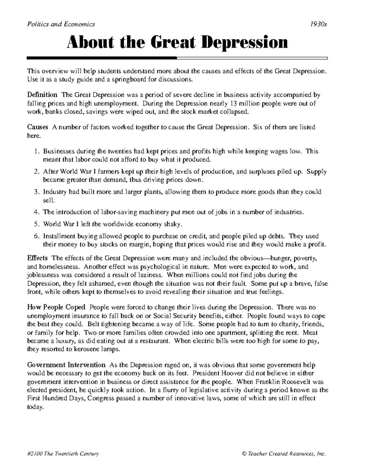 Great depressionreading - #2100 The Twentieth Century © Teacher Created ...