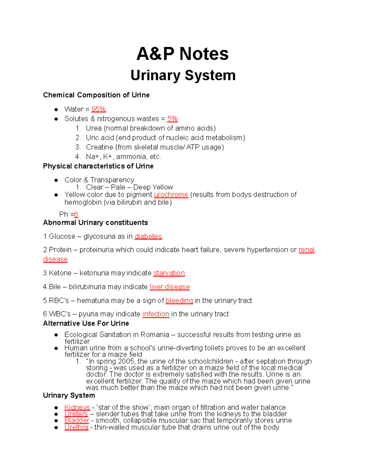 AP Notes Urinary System - A&P Notes Urinary System Chemical Composition ...