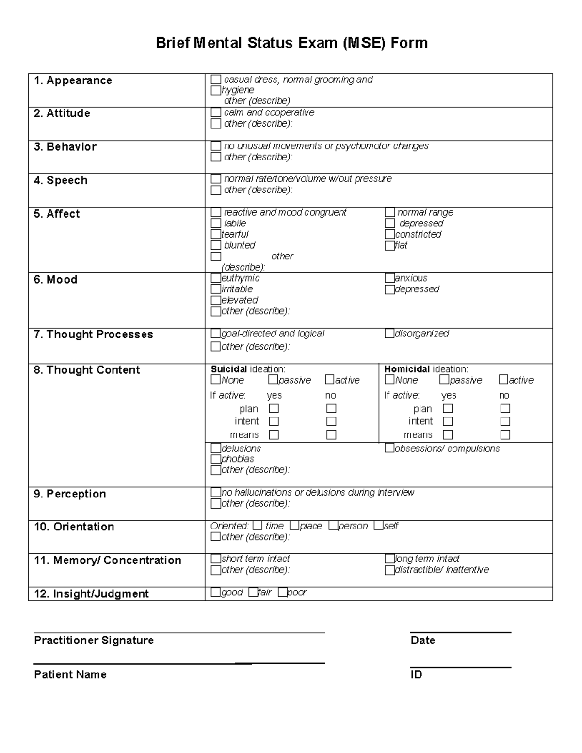 Mental Status Exam Form - NURS 4572 - Brief Mental Status Exam (MSE ...