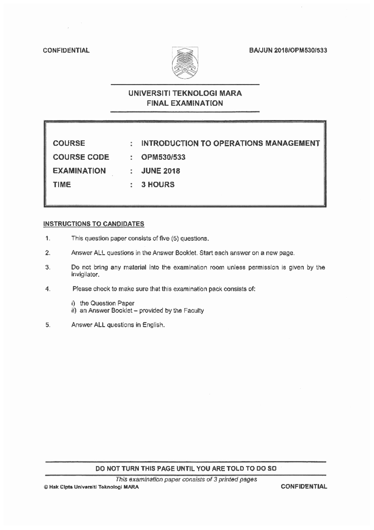 OPM530 533 2018 - PYQ - Introduction to Operations Management - Studocu