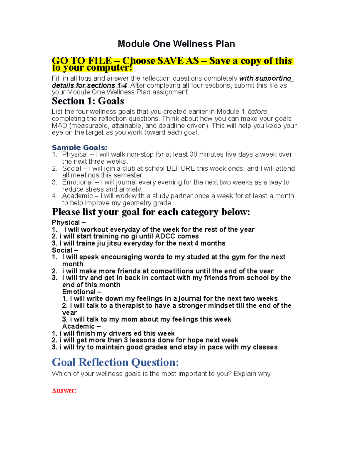 Module one wellness plan - Module One Wellness Plan GO TO FILE – Choose ...