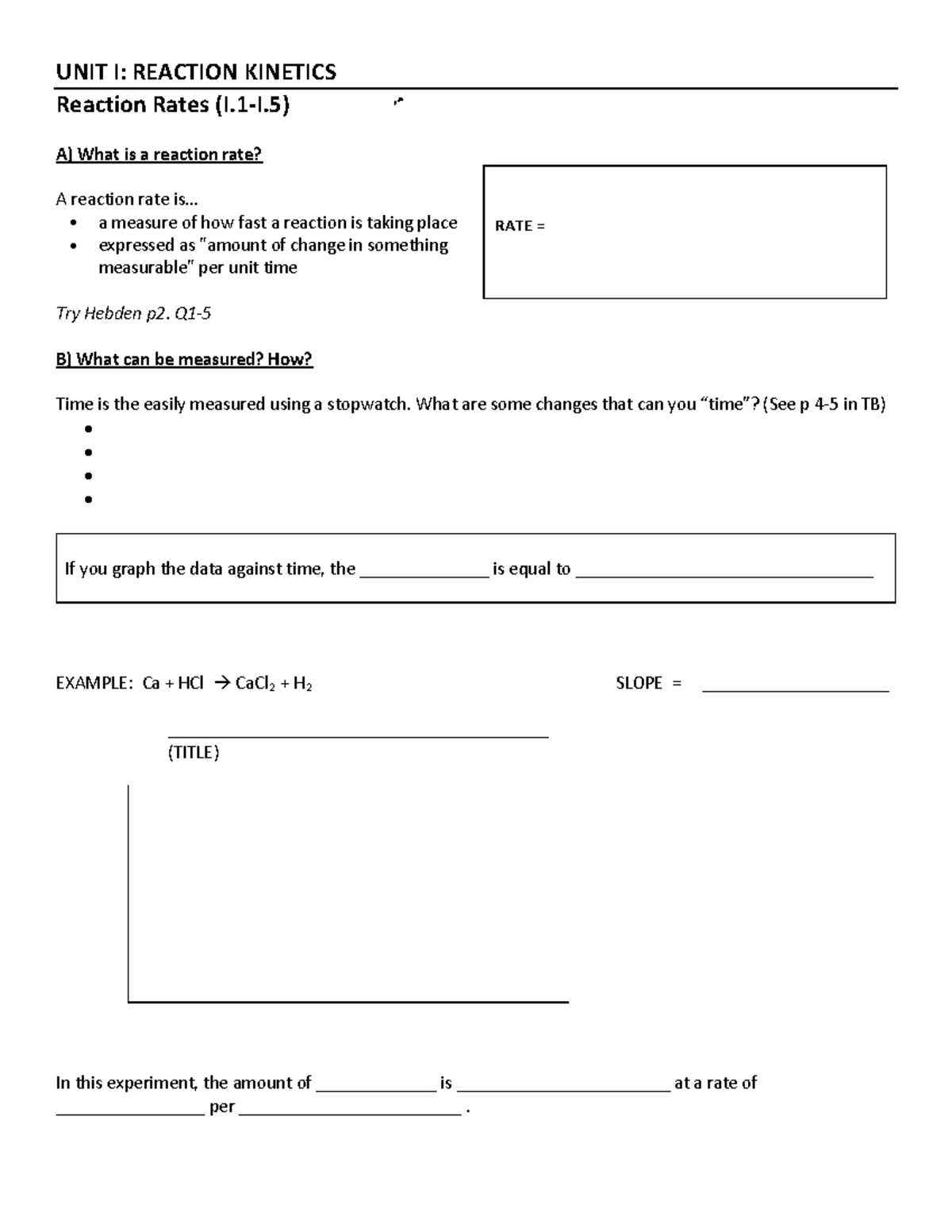 1 - Reaction Rates (Student) - UNIT I: REACTION KINETICS Reaction Rates ...