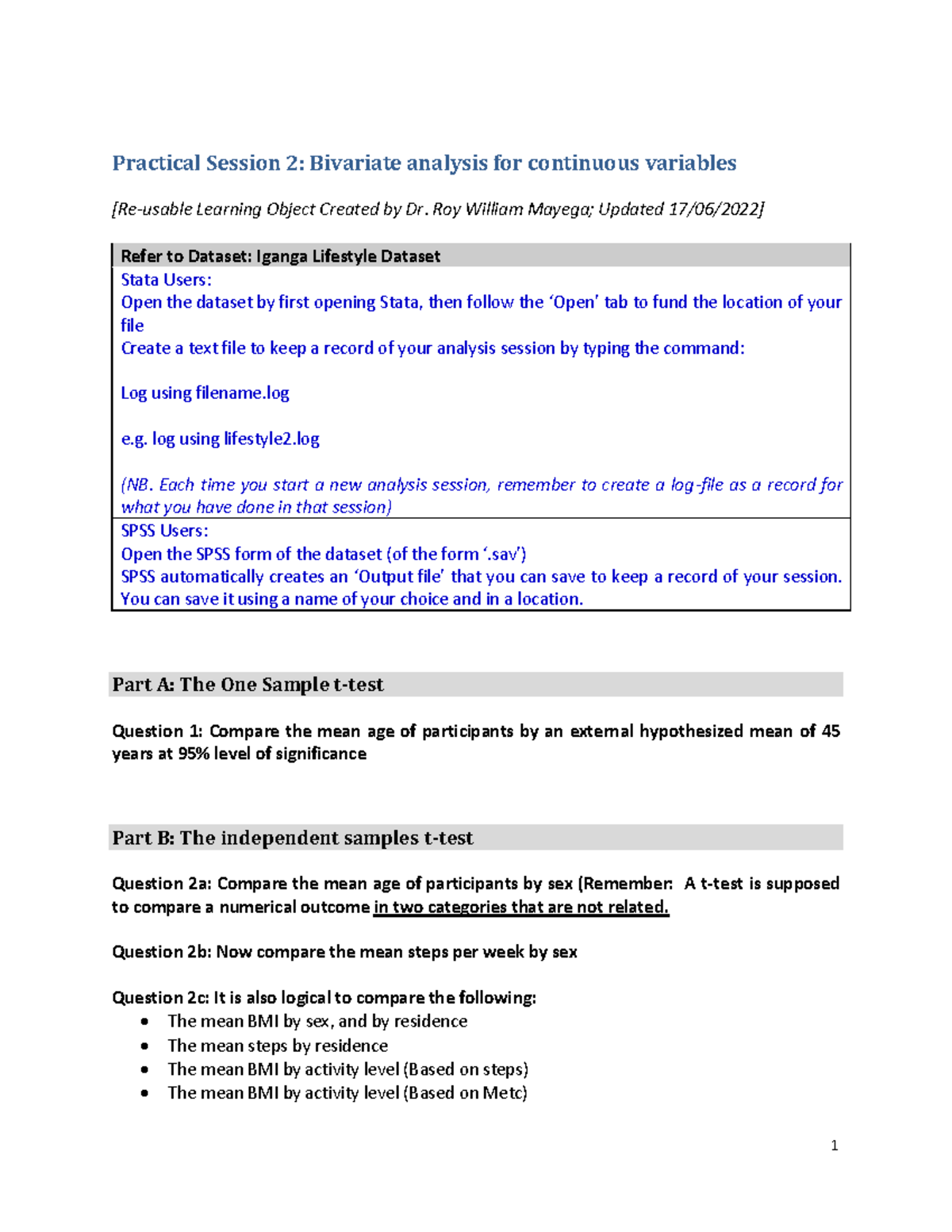 Practical 2 Bivariate Analysis for Continous Variables - 1 Practical Session 2 : Bivariate ...