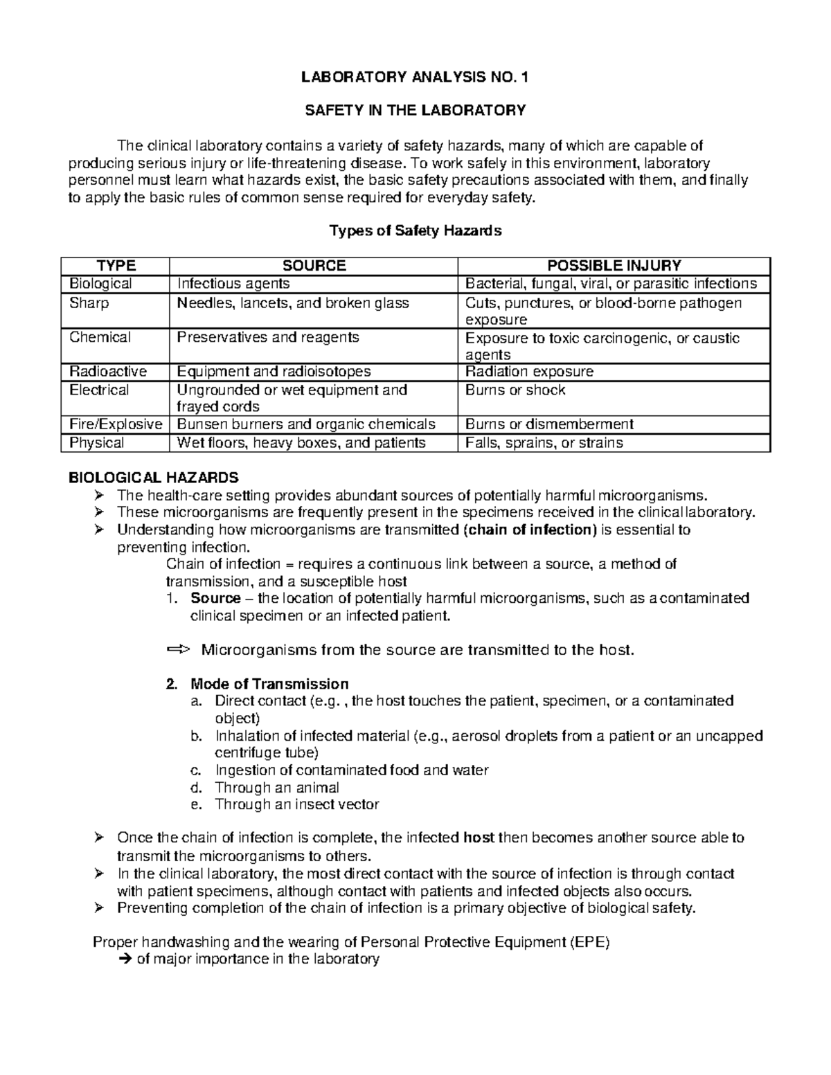 LAB Safety - LABORATORY ANALYSIS NO. 1 SAFETY IN THE LABORATORY The ...