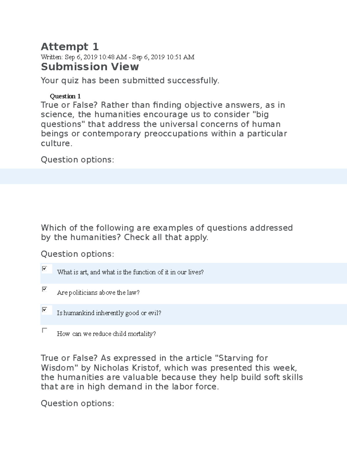 1-2-2 Quiz Big Question In Humanities - Attempt 1 Written: Sep 6, 2019 ...