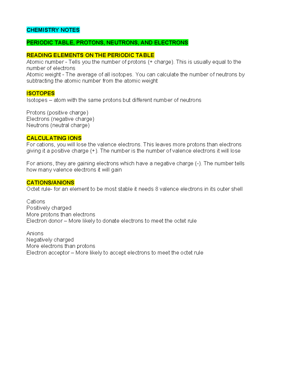 Chemistry Notes 2 - CHEMISTRY NOTES PERIODIC TABLE, PROTONS, NEUTRONS ...