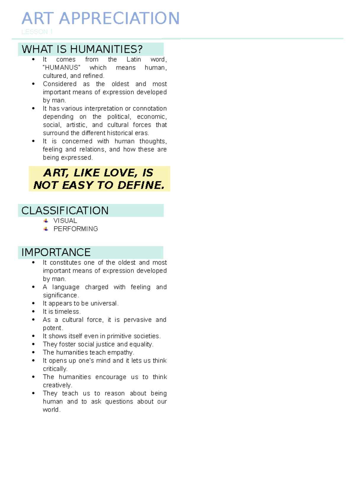 ART APP Reviewer - Lecture 1 - ART APPRECIATION LESSON 1 WHAT IS ...