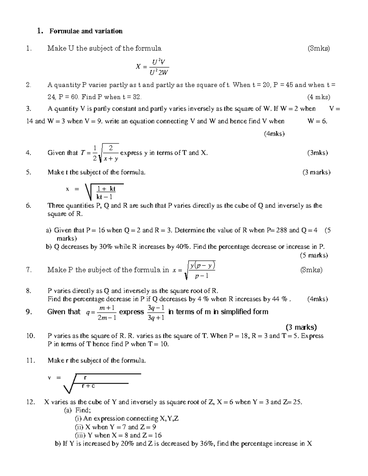 Formulae And Variation Q 1 Formulae And Variation Make U The Subject