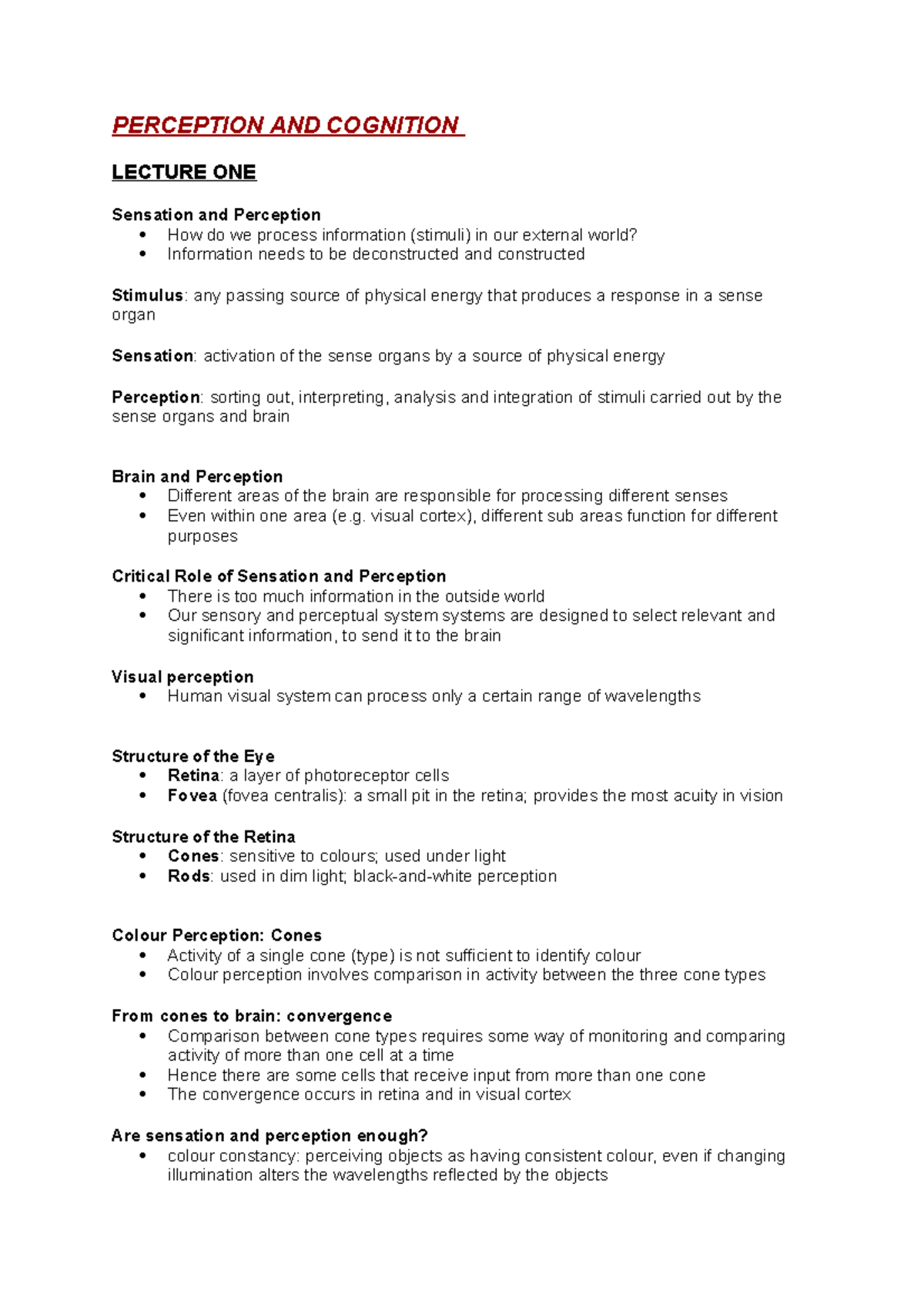 Perception And Cognition Lecture Notes Perception And Cognition Lecture One Sensation And