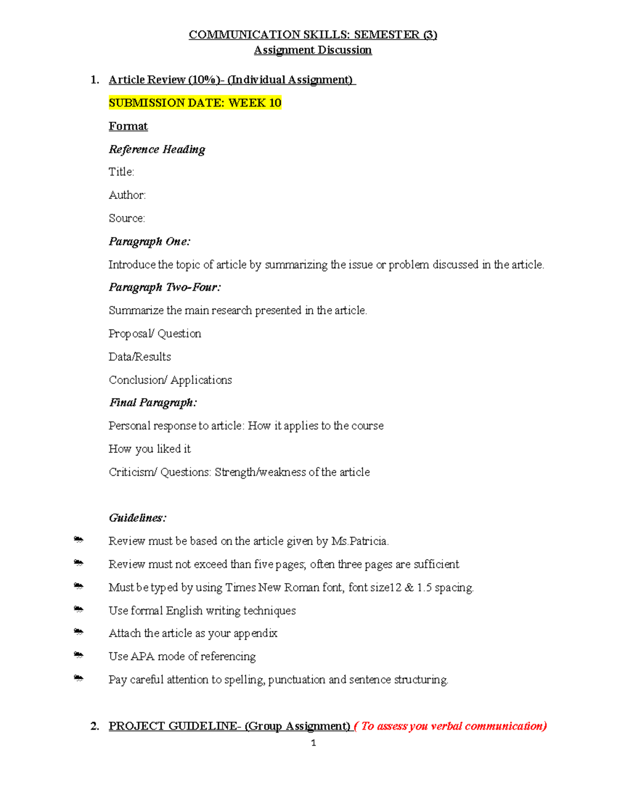 Assignment Discussion - COMMUNICATION SKILLS: SEMESTER (3) Assignment ...