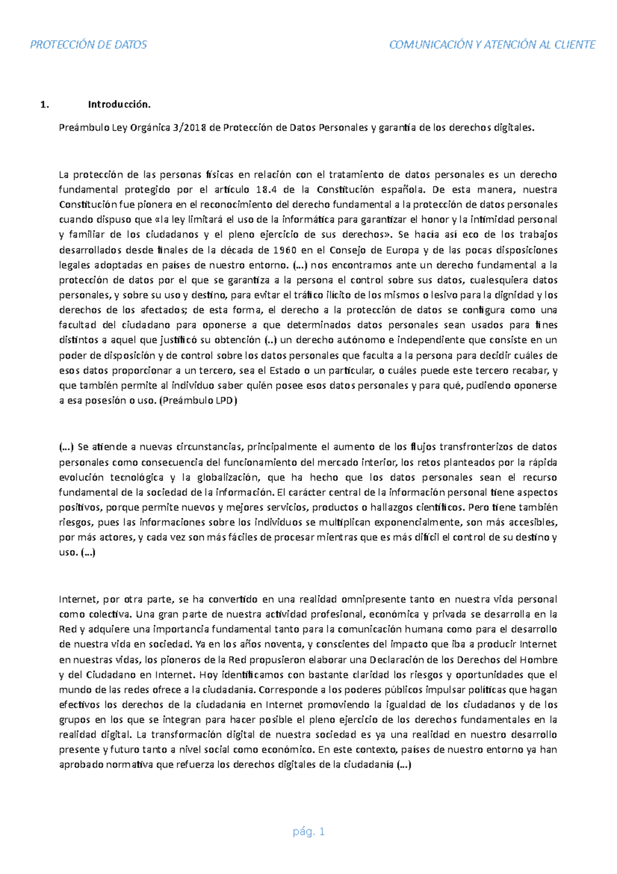 Protección de datos - SDFGSD - Introducción. Preámbulo Ley Orgánica 3/ ...