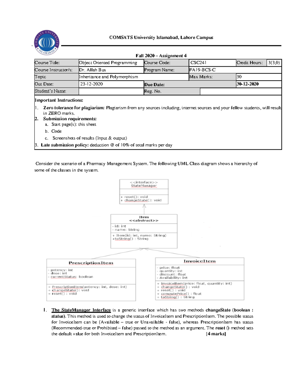 Assignment 04 - COMSATS University Islamabad, Lahore Campus Fall 2020 – Assignment 4 Course ...