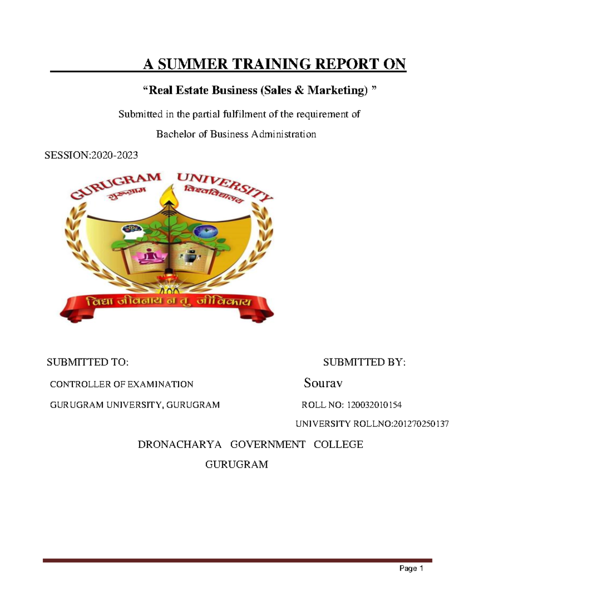 Srvf - report on bba - Page 1 A SUMMER TRAINING REPORT ON “Real Estate ...