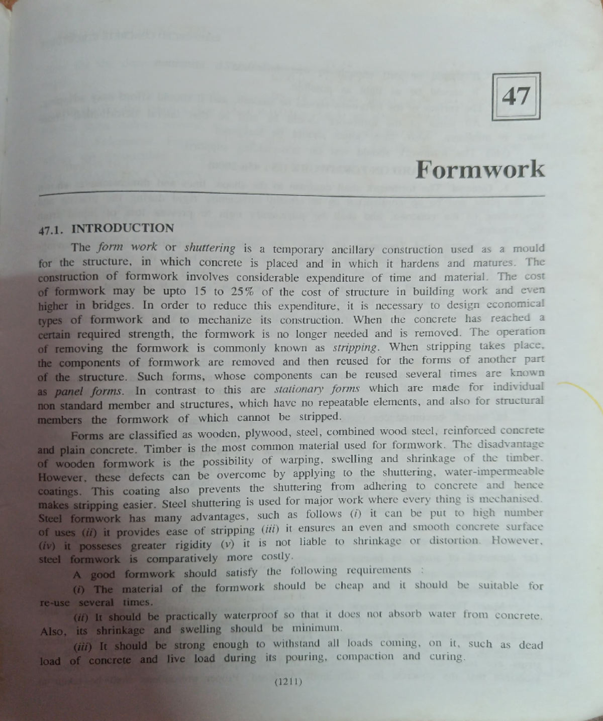 Formwork - 47 Formwork INTRODUCTION The form work or shuttering is a ...