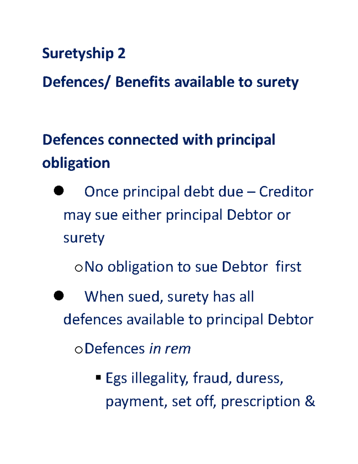 Suretyship Lecture Notes 2 - Suretyship 2 Defences/ Benefits available ...