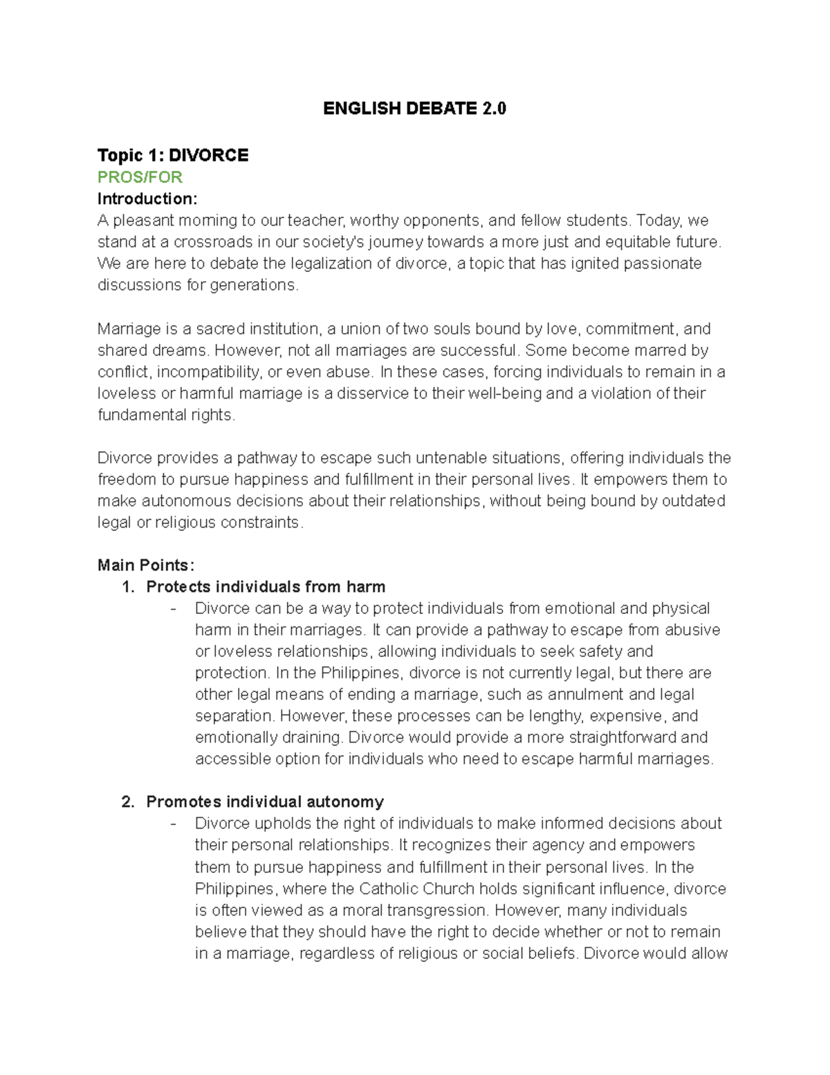English- Debate-2 - jjj - ENGLISH DEBATE 2. Topic 1: DIVORCE PROS/FOR ...