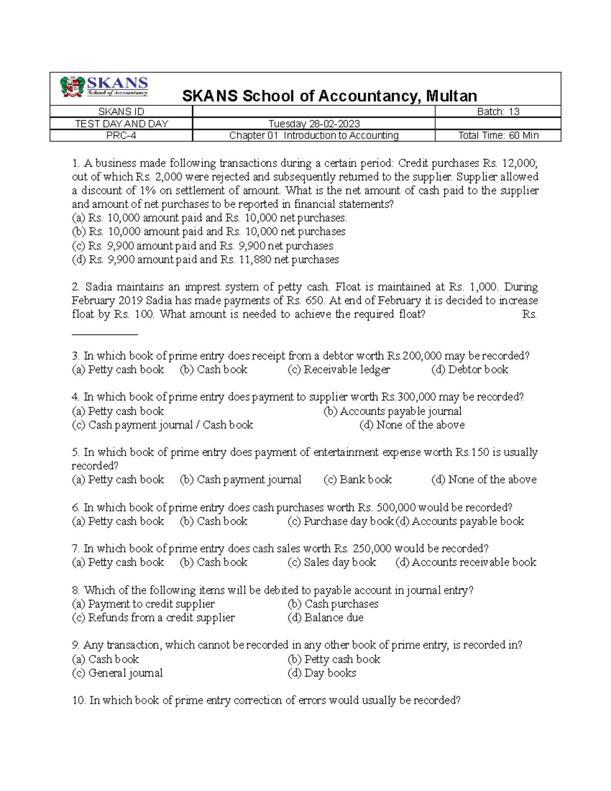 Chapter 02-04 - Assingment - SKANS School of Accountancy, Multan SKANS ...