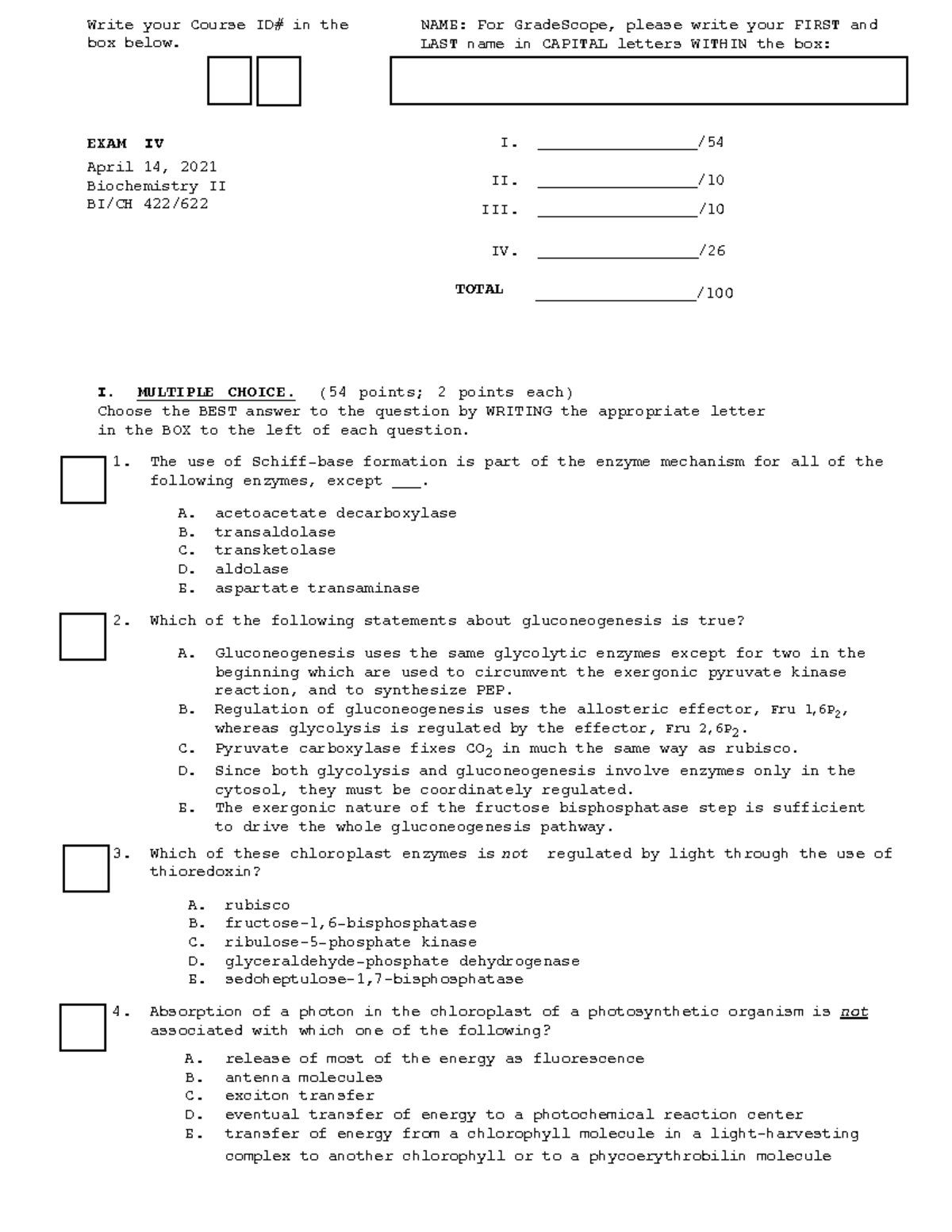 Exam4 v3KEY - rgvh5yhy - TOTAL I. _________________/ 54 II ...